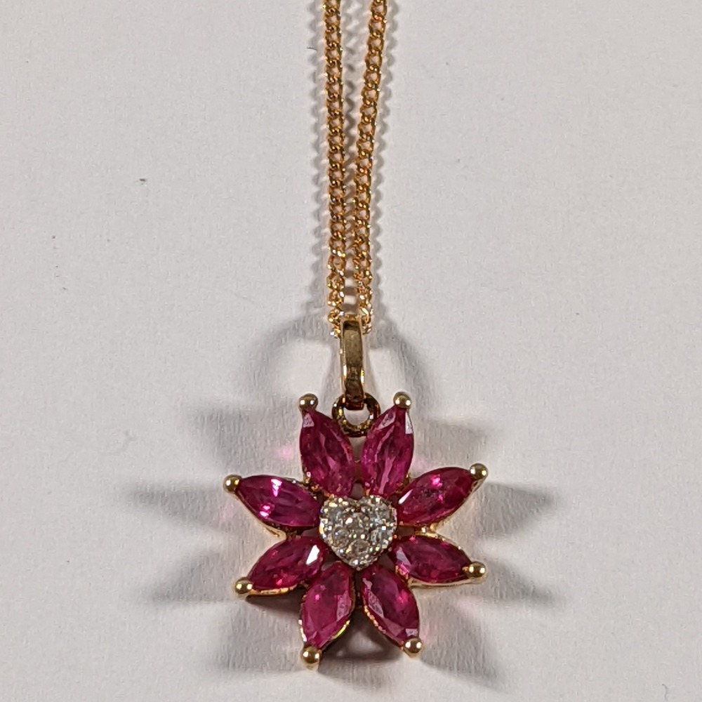 Pre-owned 9ct Gold Chain and Diamond & Marquise Shaped Ruby Daisy ...